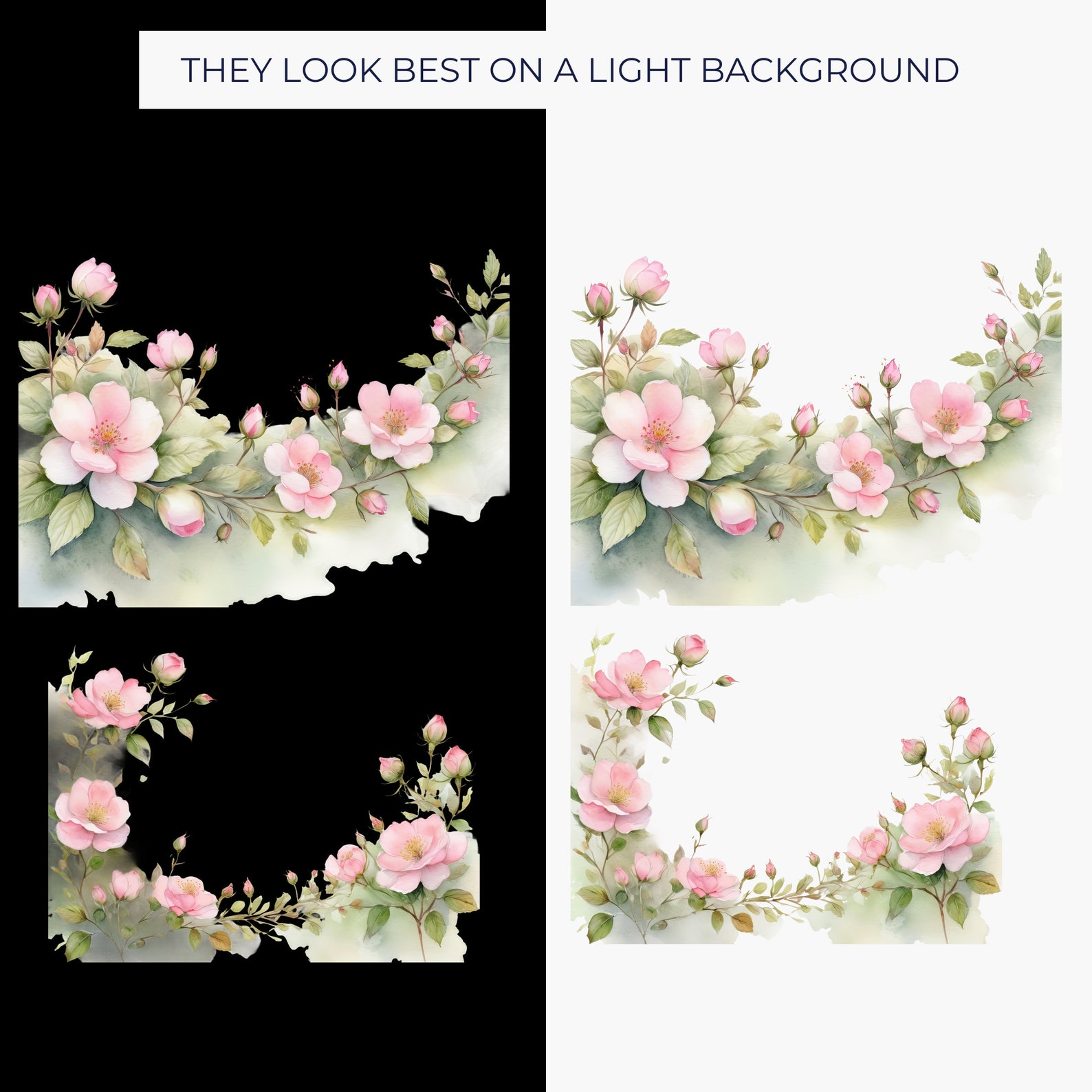 Pink Rose Border Clipart, Watercolor Flower Borders, Instant Download ...