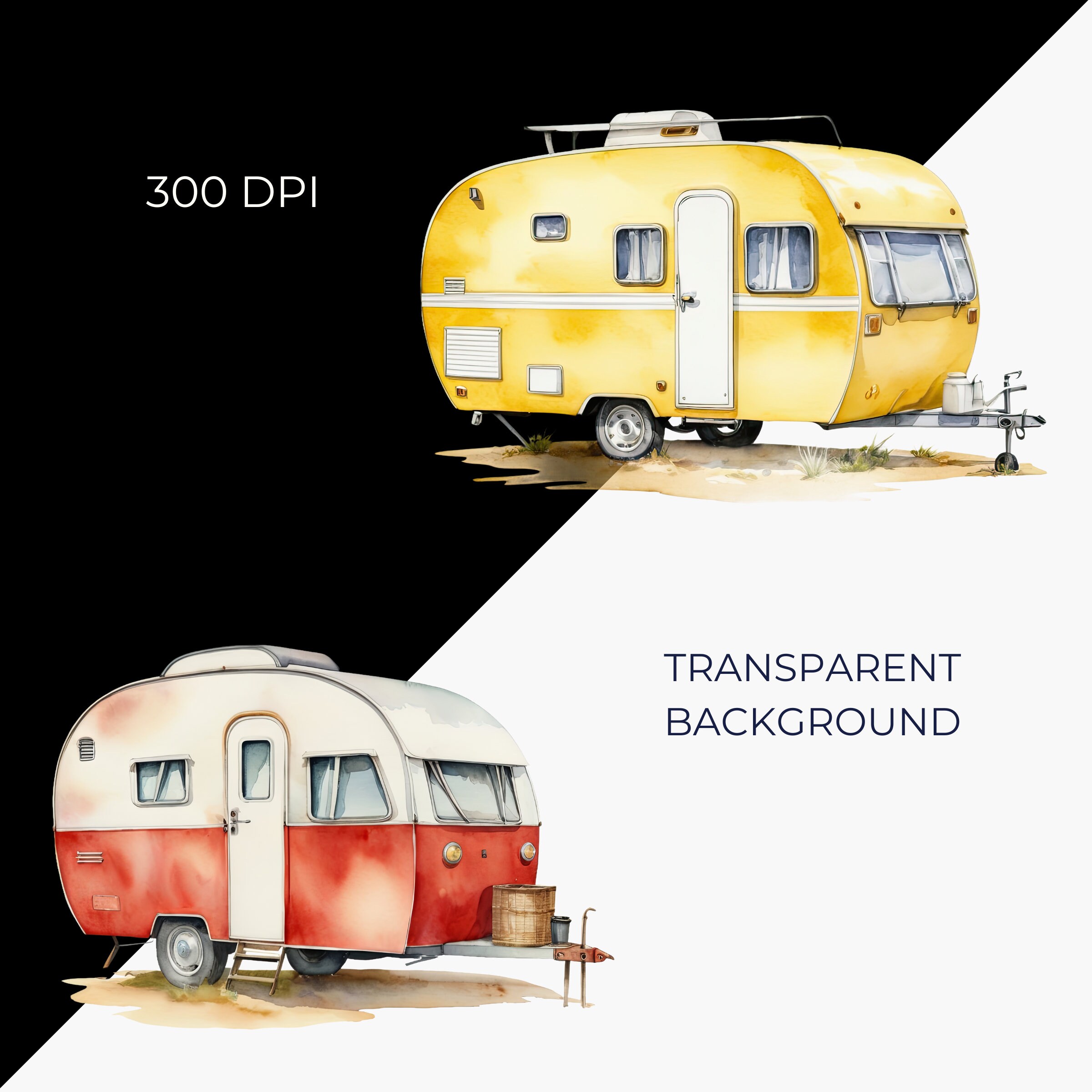 Watercolor Caravan Clipart, Camping Trailer Graphics, Vintage Camper ...