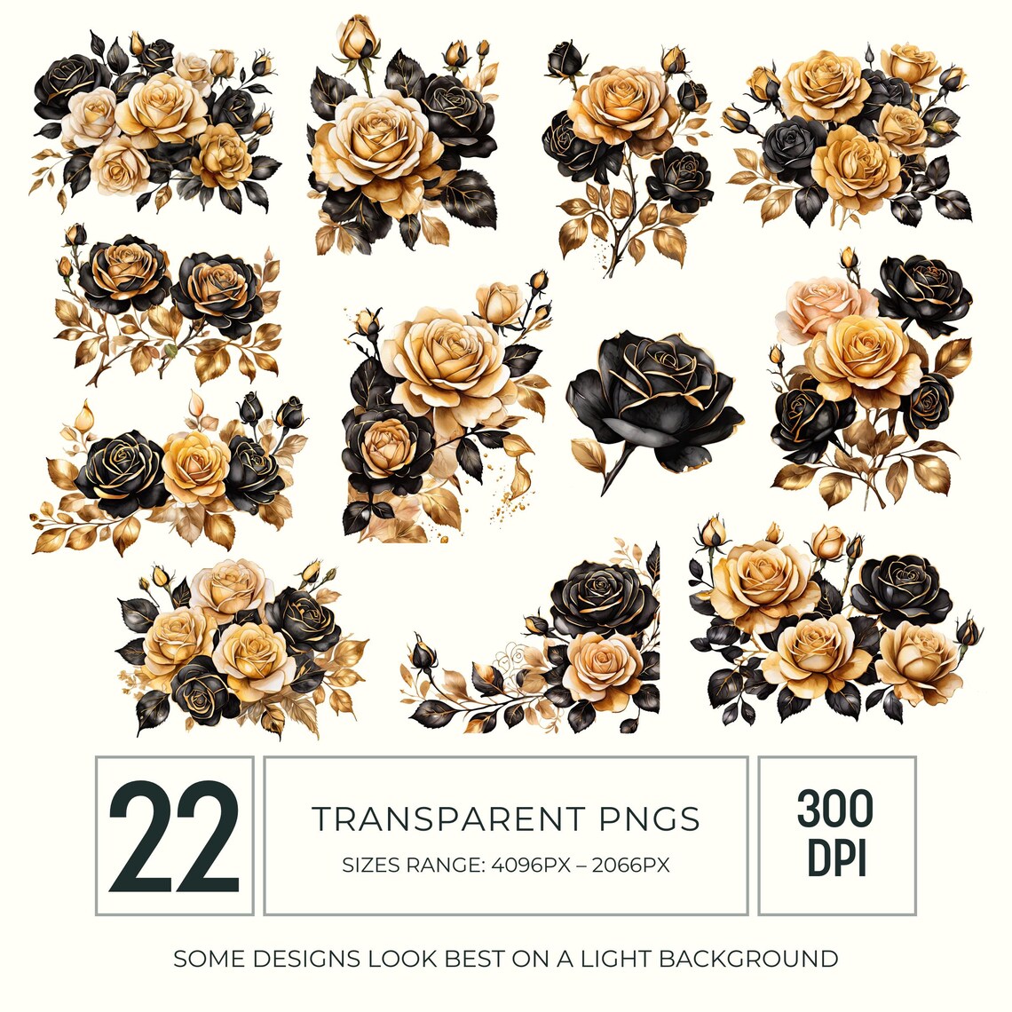 Black and Gold Rose Clipart PNG, Botanical Floral Graphics for ...