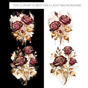 Maroon Gold Rose Clipart Set, Floral Watercolor Clip Art, Commercial ...