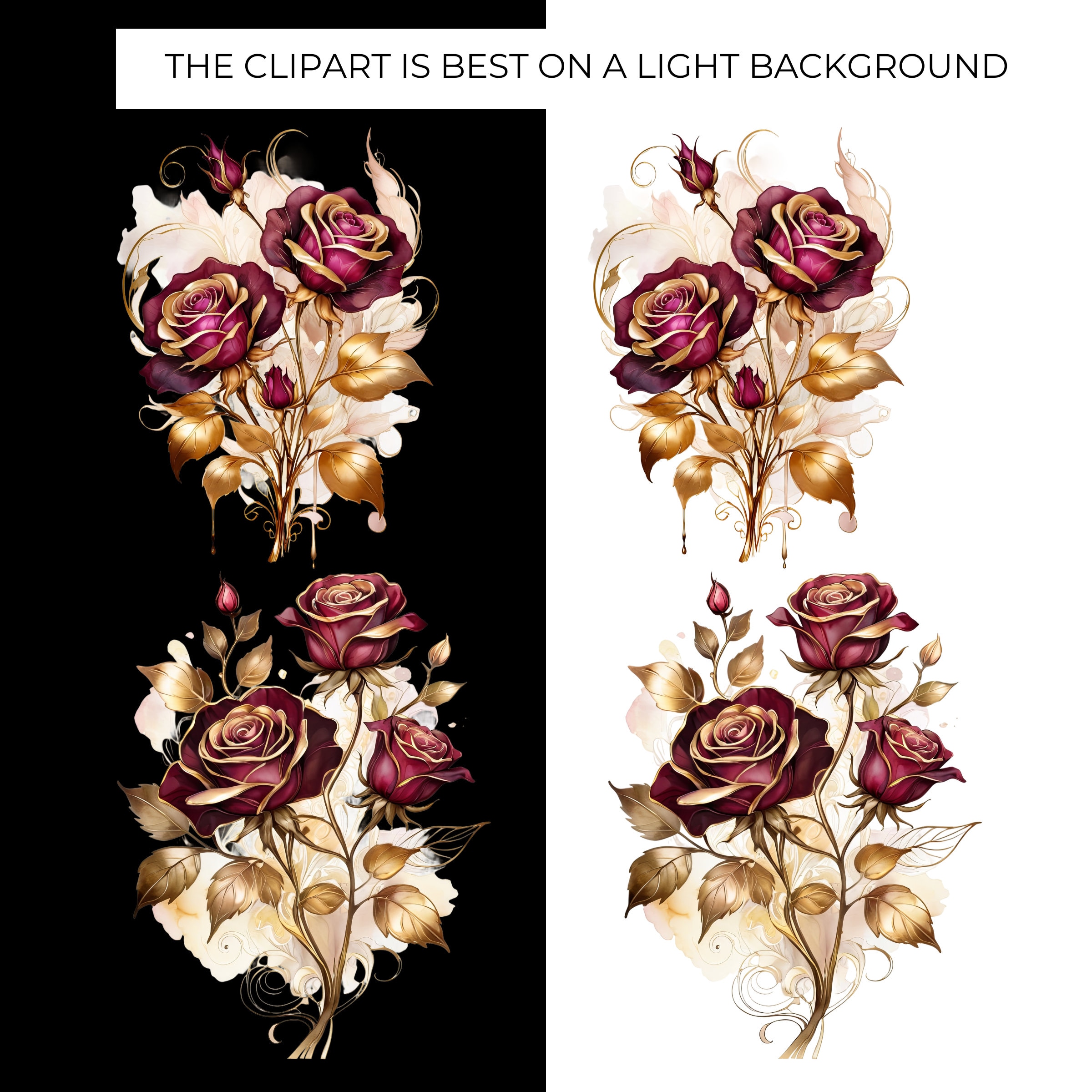 Maroon Gold Rose Clipart Set, Floral Watercolor Clip Art, Commercial ...