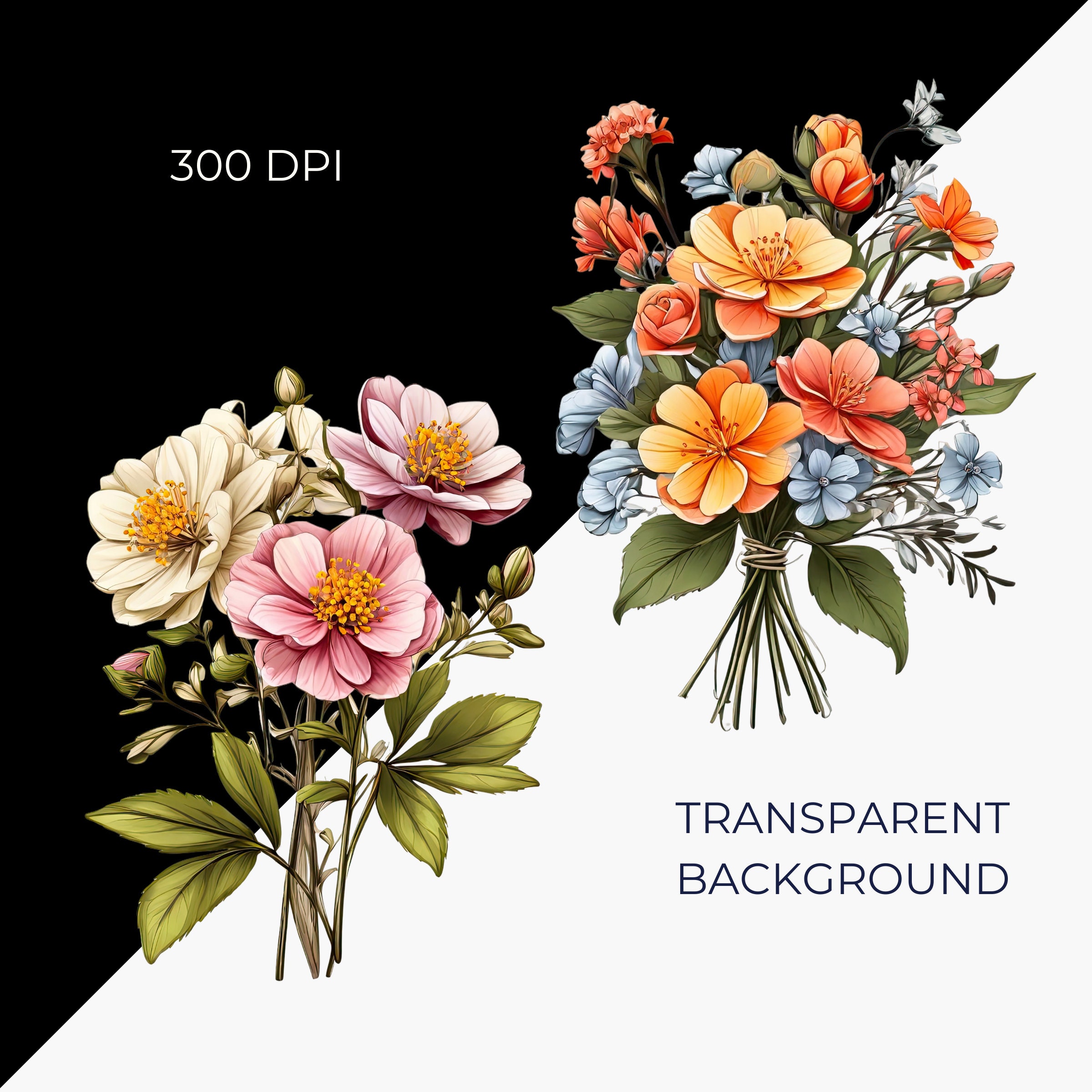 Boho Floral Clipart, Retro Flower Bouquet, Spring Clip Art, Simple ...