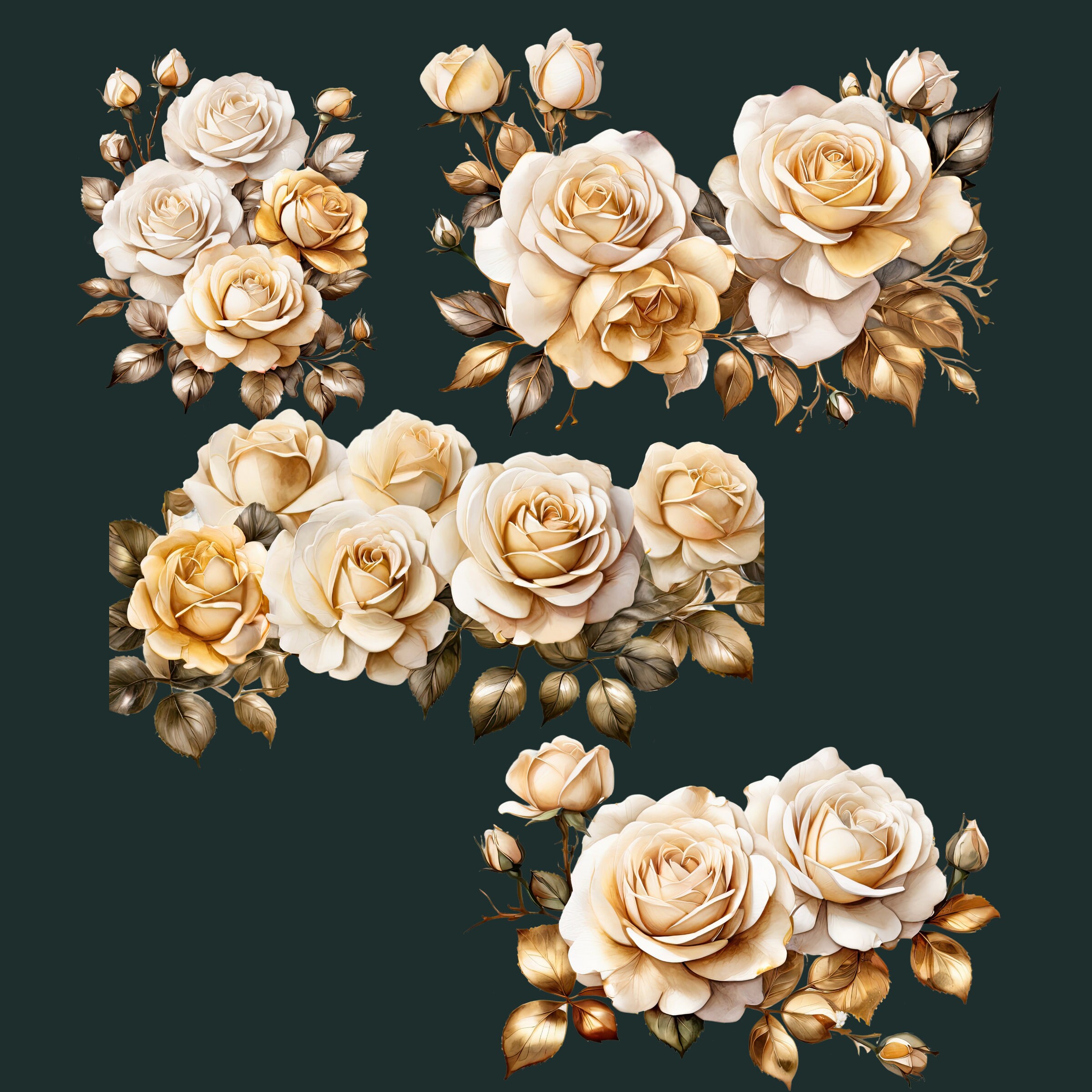 Watercolor Roses Clipart, Floral Clipart, Flowers PNG, White and Gold ...
