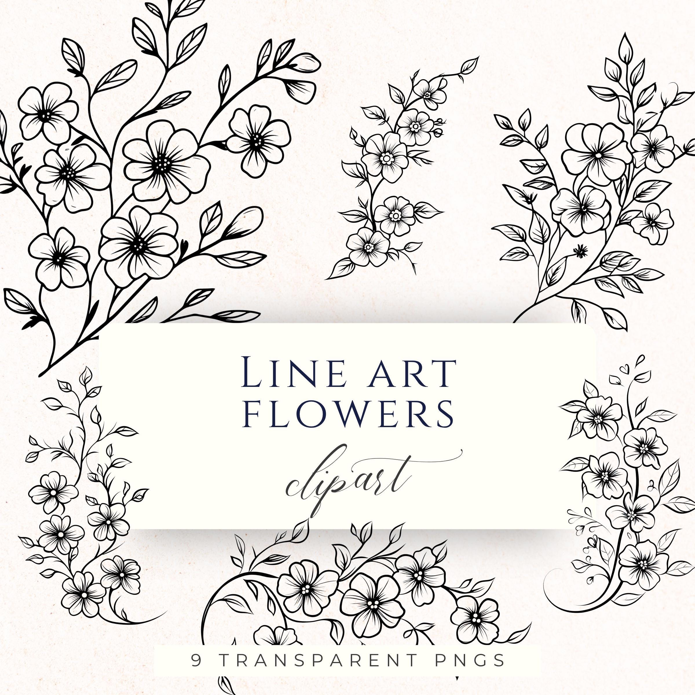 Black and White Lineart Flower Clipart PNG, Monoline Floral Graphics ...