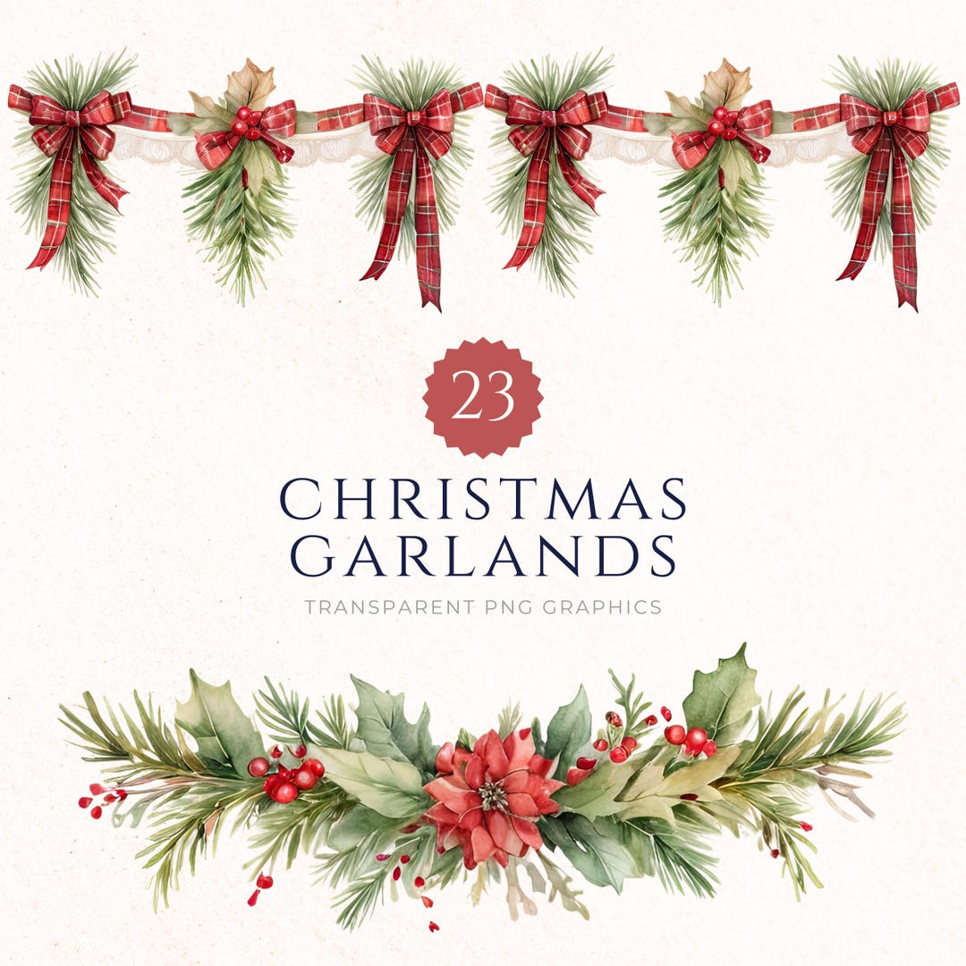 Vintage Christmas Garland Clipart, Digital Xmas Border PNG, Cardmaking ...