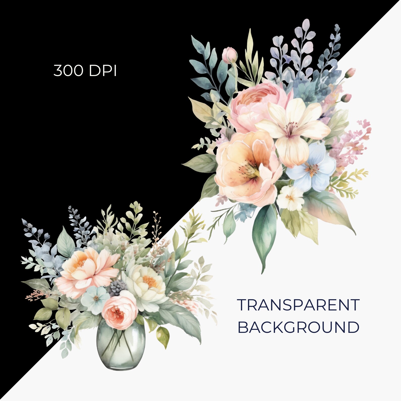 Shabby Chic Flower Clip Art Set, Watercolor Floral Images, PNG Graphics ...