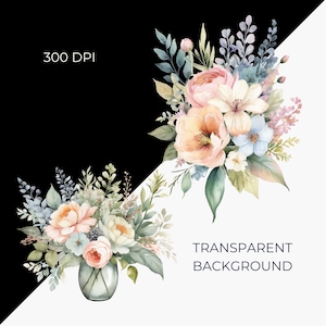 Shabby Chic Flower Clip Art Set, Watercolor Floral Images, PNG Graphics ...