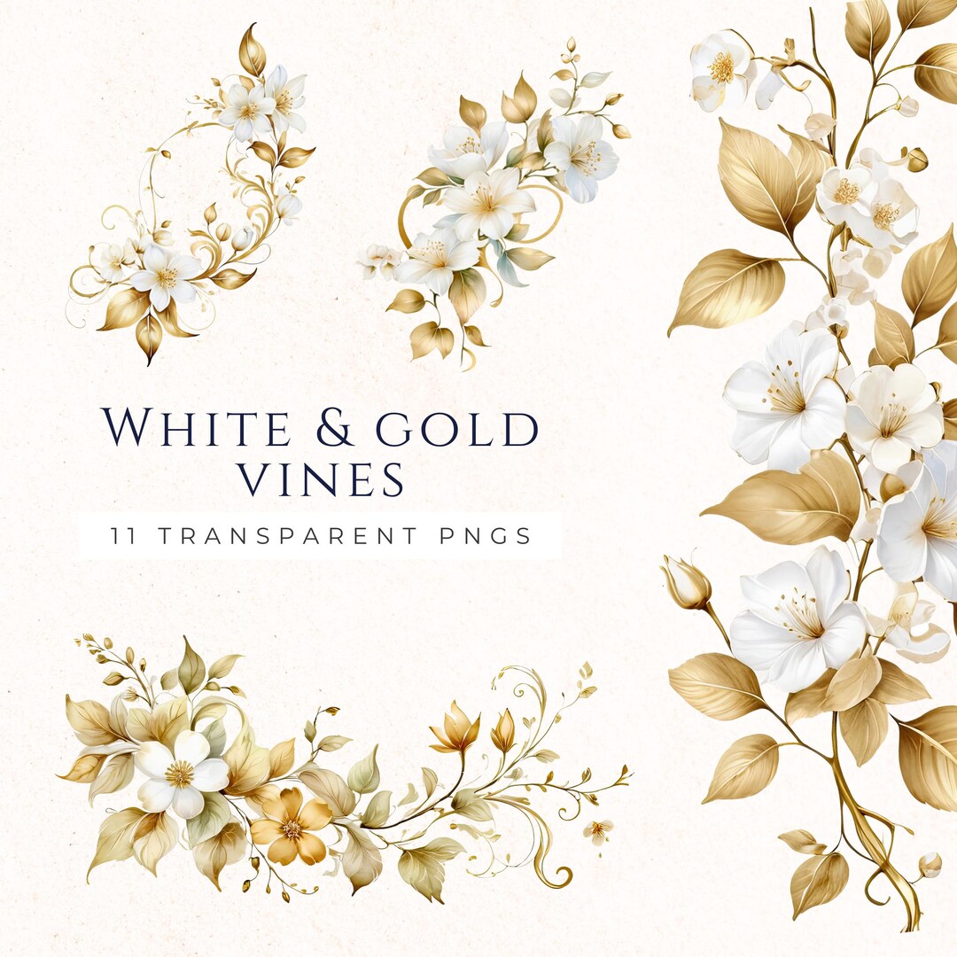 White Gold Flower Vine Clipart, Instant Download, Wedding Clip Art ...