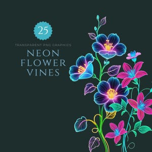 Neon Retro Flower Vine Watercolor Clipart PNG, Bold Floral Graphics for ...
