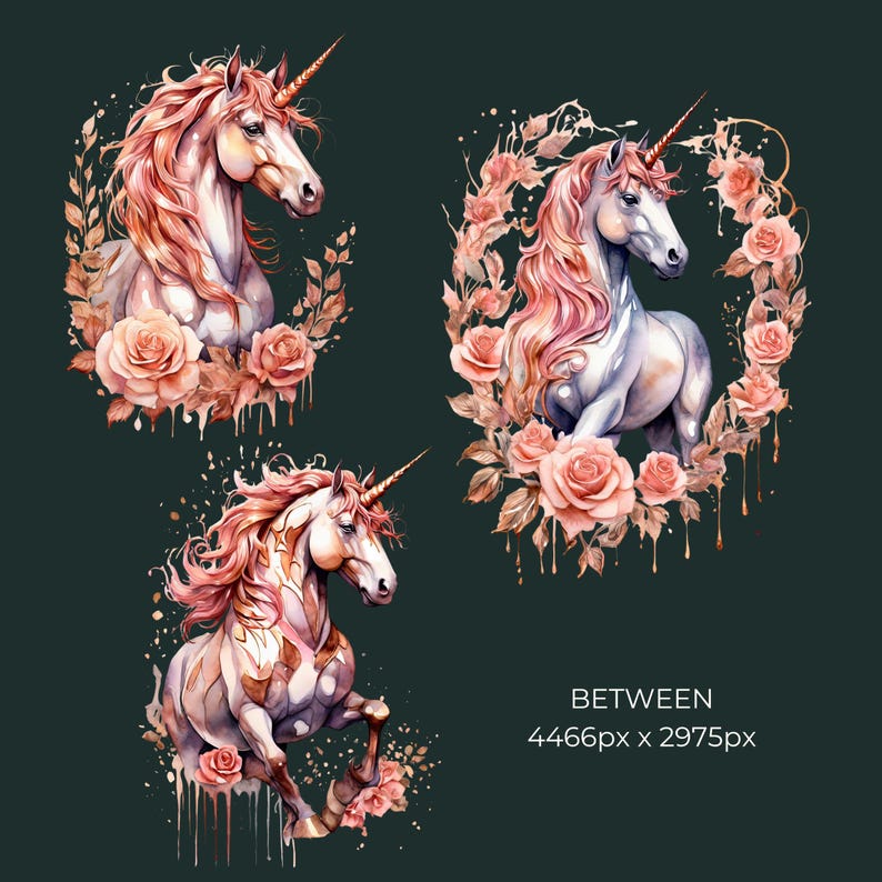 Rose Gold Unicorn Clipart Set, Instant Download PNG Graphics, Fantasy ...