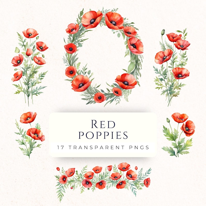 Watercolor Poppy Clipart Set, Floral PNG Images, Scrapbook Supply ...