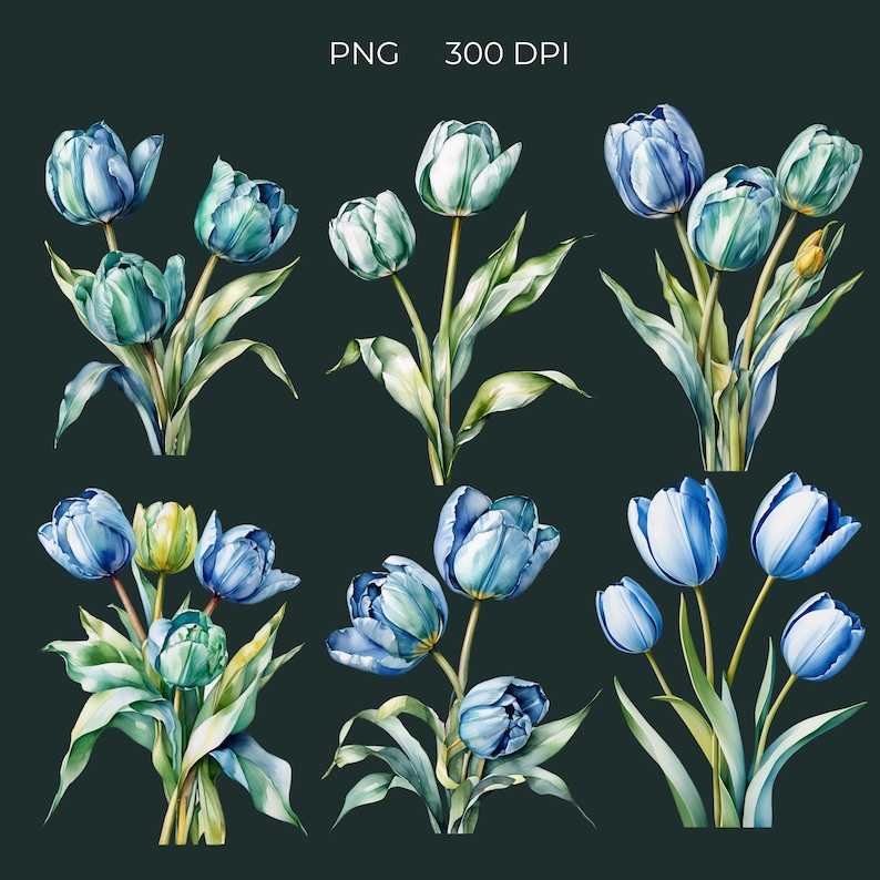 Watercolor Tulips Clipart, Blue Floral Design, Spring Flower Clip Art ...