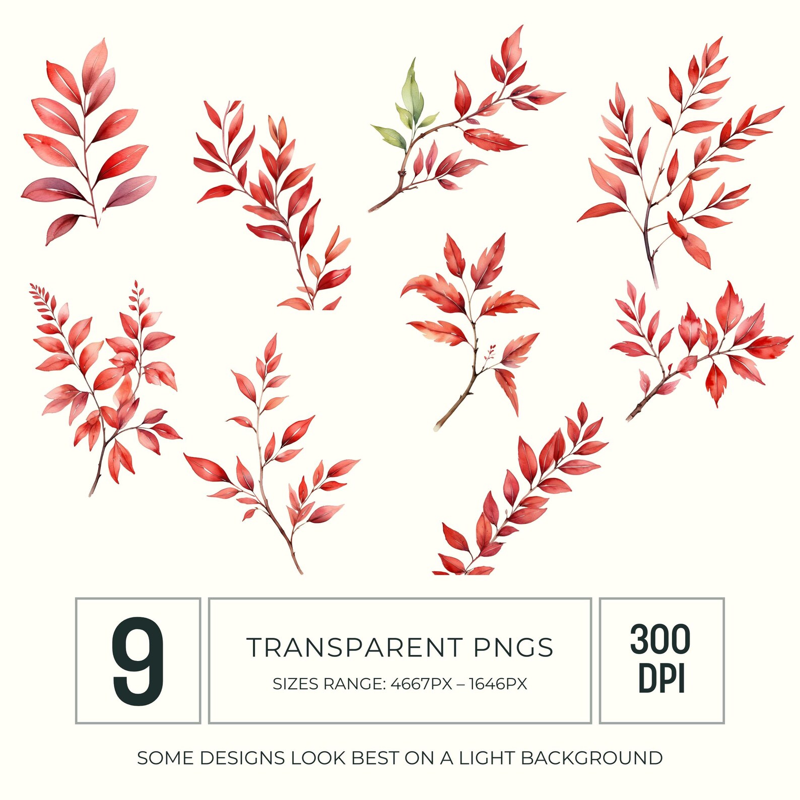 Red Foliage Branch Watercolor Clipart Set PNG, Botanical Graphics for ...