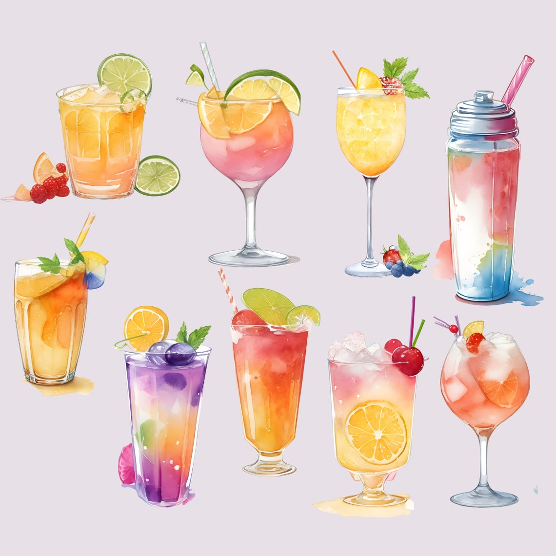 Colorful Summer Drinks Clip Art, Watercolor Cocktails, Instant Download ...
