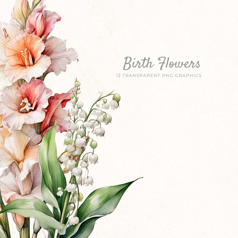 Birth Month Flowers Clipart, Floral Clip Art, PNG Files, Watercolor ...