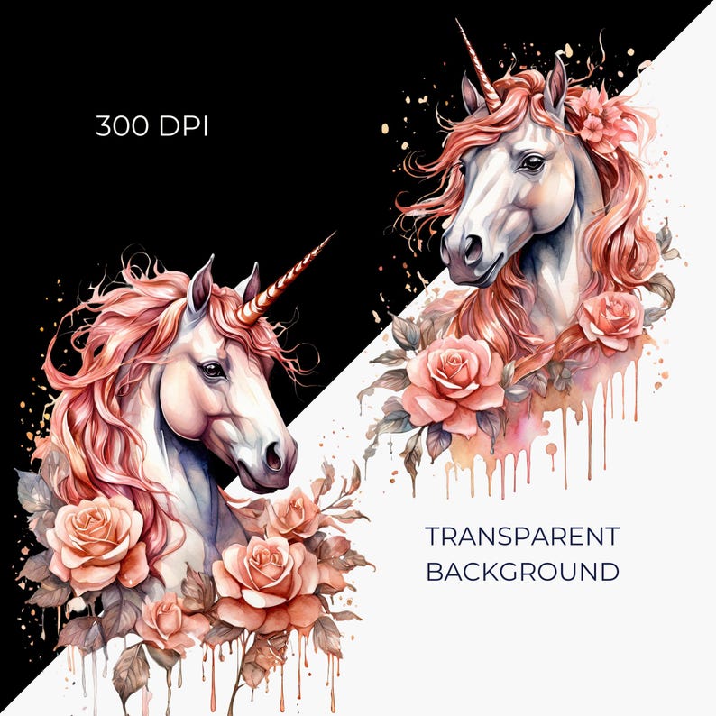 Rose Gold Unicorn Clipart Set, Instant Download PNG Graphics, Fantasy ...