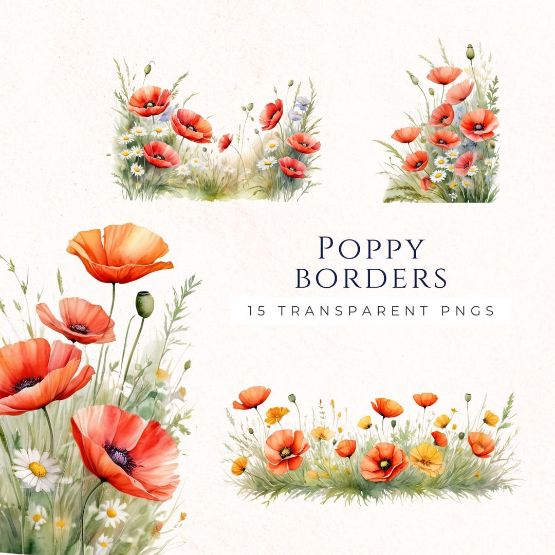 Watercolor Poppy Border Clipart, Floral Digital Download, Scrapbook ...