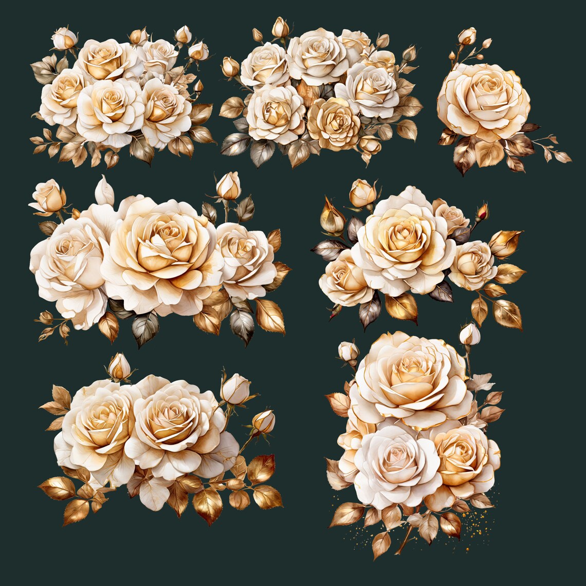 Watercolor Roses Clipart, Floral Clipart, Flowers PNG, White and Gold ...