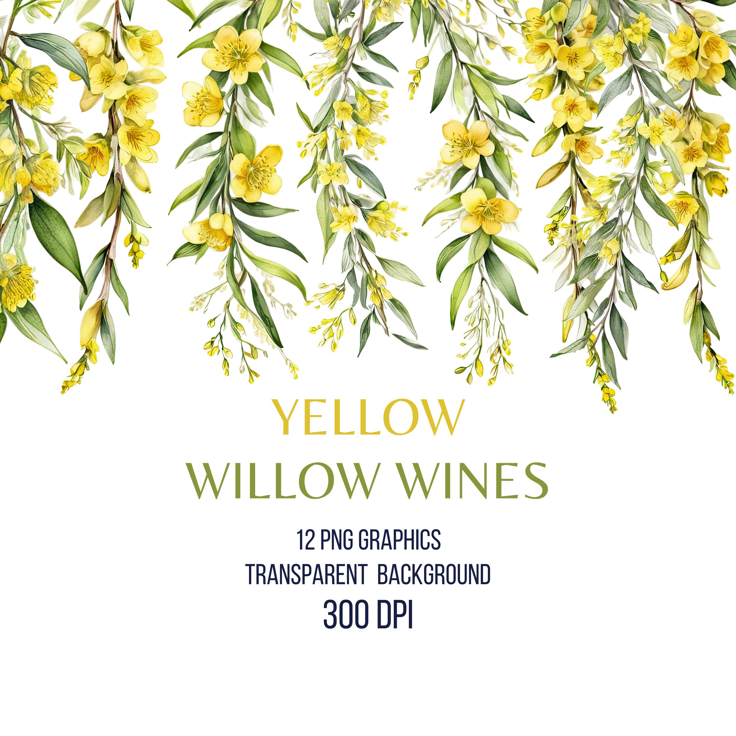 Yellow Flower Willow Vines Clipart, Instant Download PNG, Spring Decorations, Wreath Clipart ...