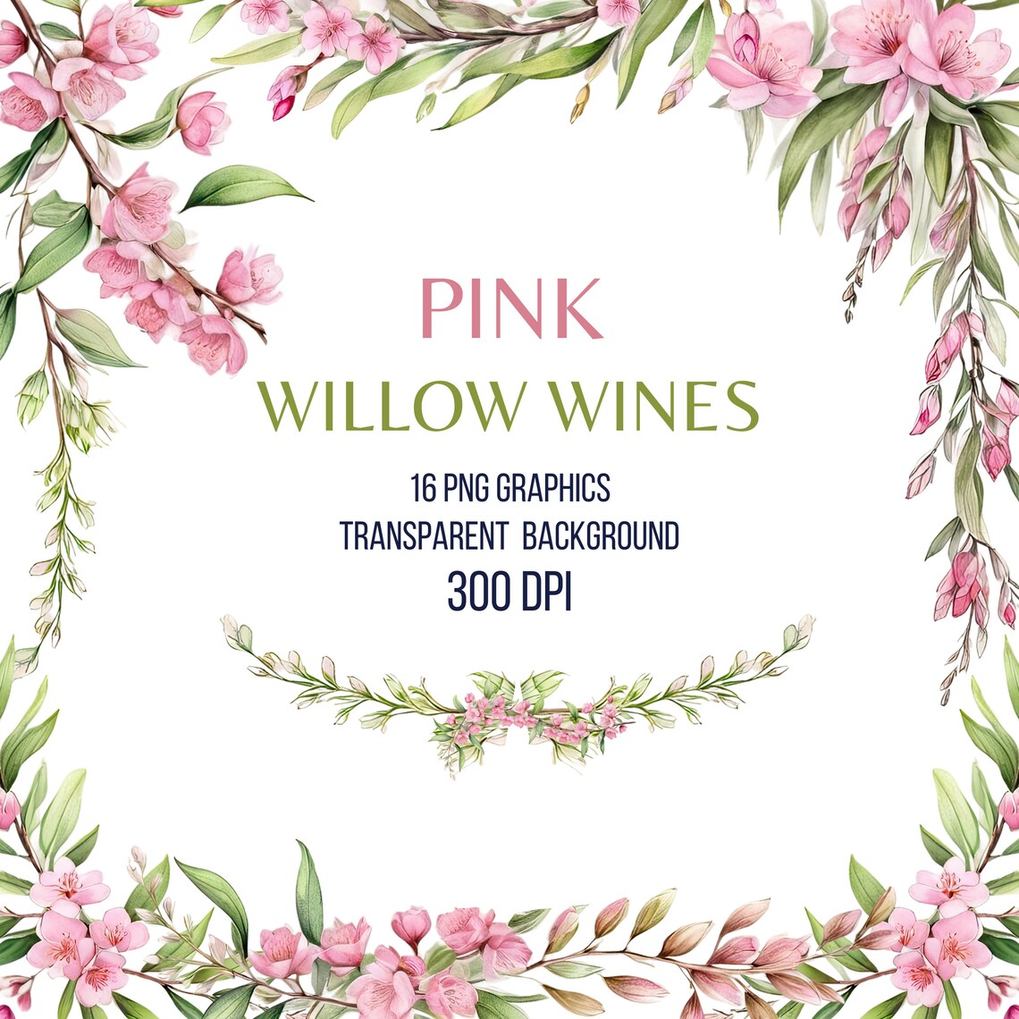 Pink Flower Vines Clipart, Instant Download PNG, Spring Decorations ...