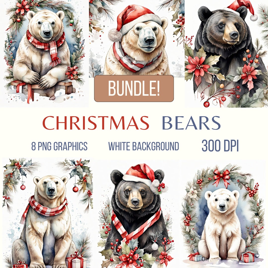 Christmas Bear Clipart Bundle, Watercolor Bear, White Background PNG ...