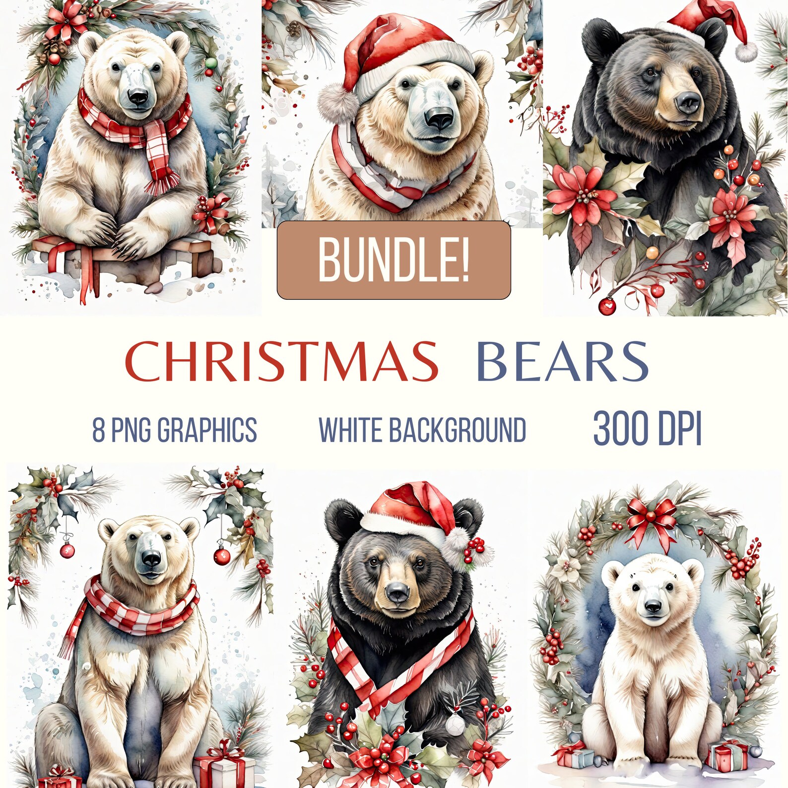 Christmas Bear Clipart Bundle, Watercolor Bear, White Background PNG ...