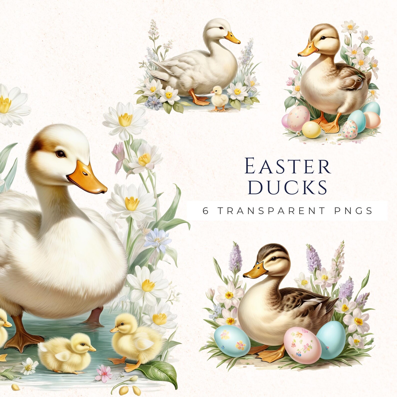 Vintage Easter Duck Clipart, Spring Watercolor PNG Files, Instant ...