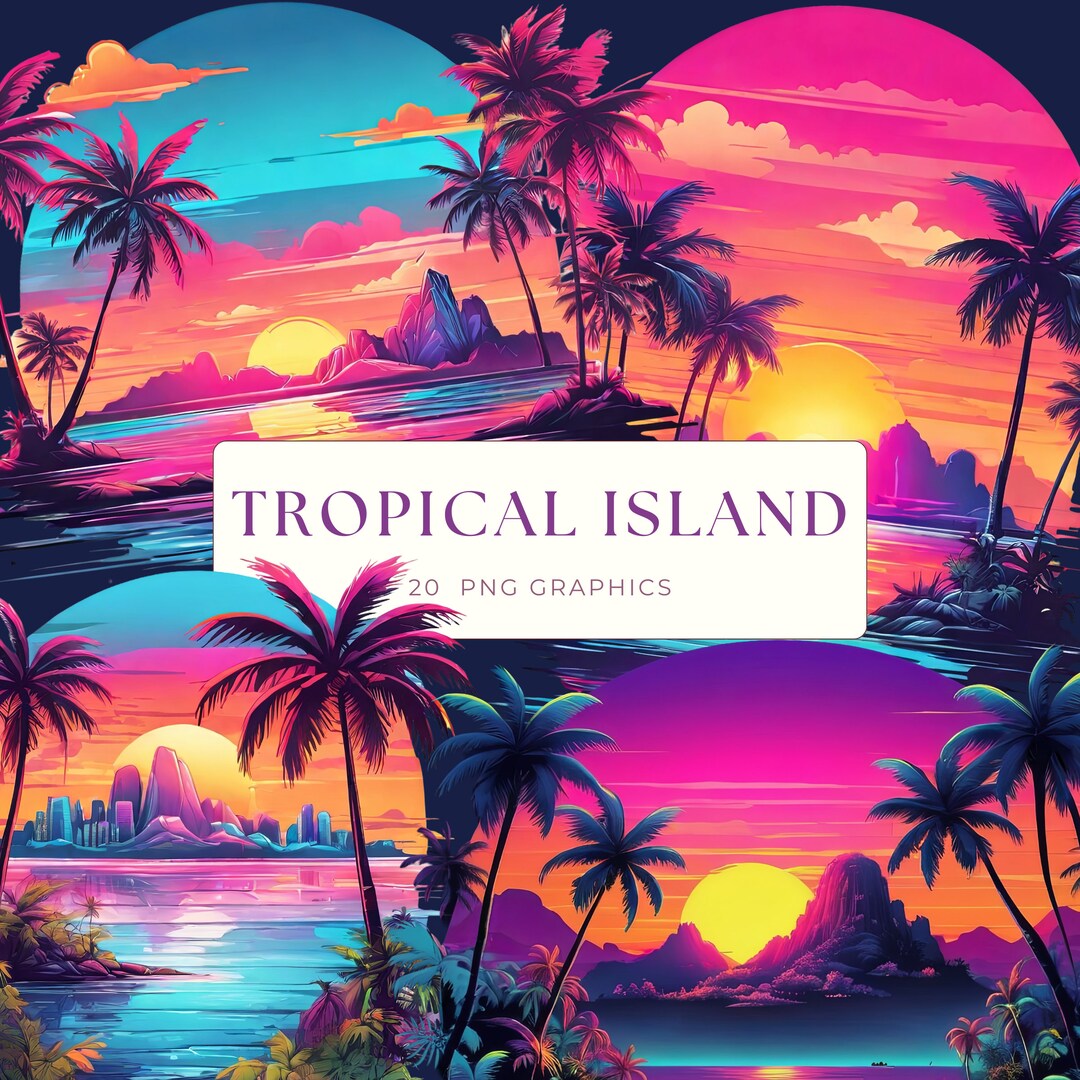 Colorful Island Clipart, Tropical 80s Vibe Palm Tree Art, Commercial ...