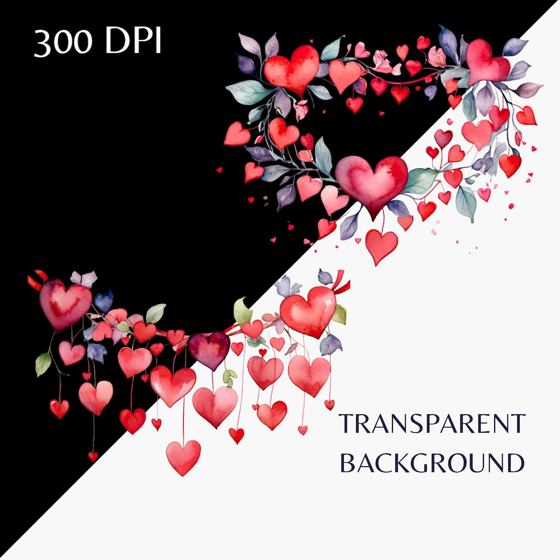 Heart Border Clipart, Watercolor Hearts PNG, Valentines Day Clip Art ...