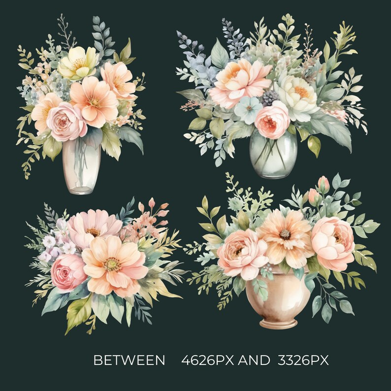 Shabby Chic Flower Clip Art Set, Watercolor Floral Images, PNG Graphics ...