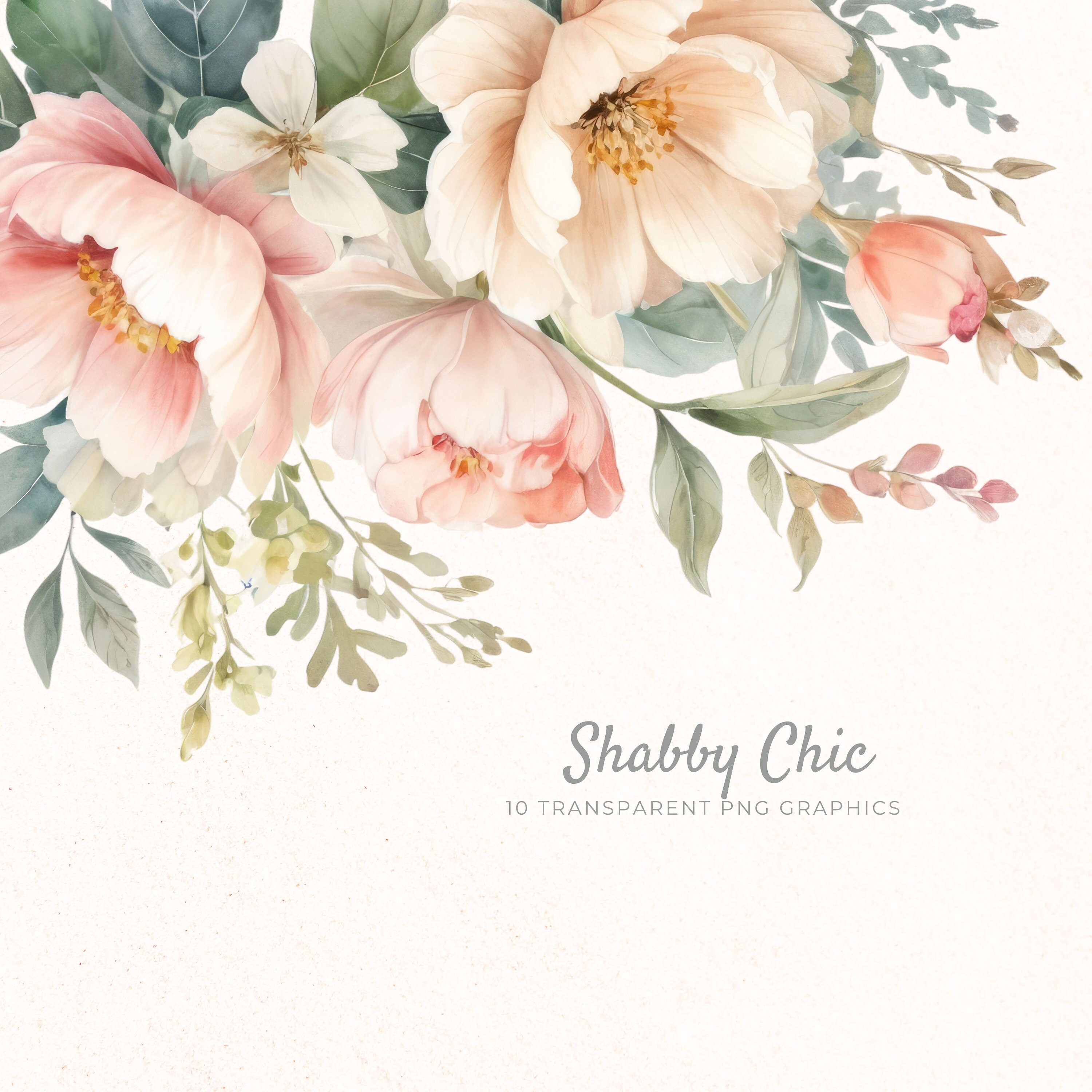 Shabby Chic Flower Clip Art Set, Watercolor Floral Images, PNG Graphics ...