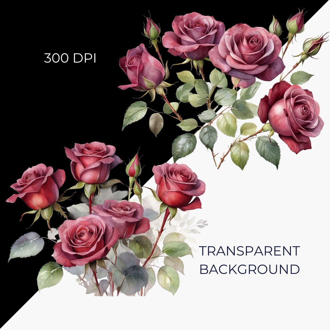 Vintage Burgundy Roses Clipart, Flower Border Digital Download ...