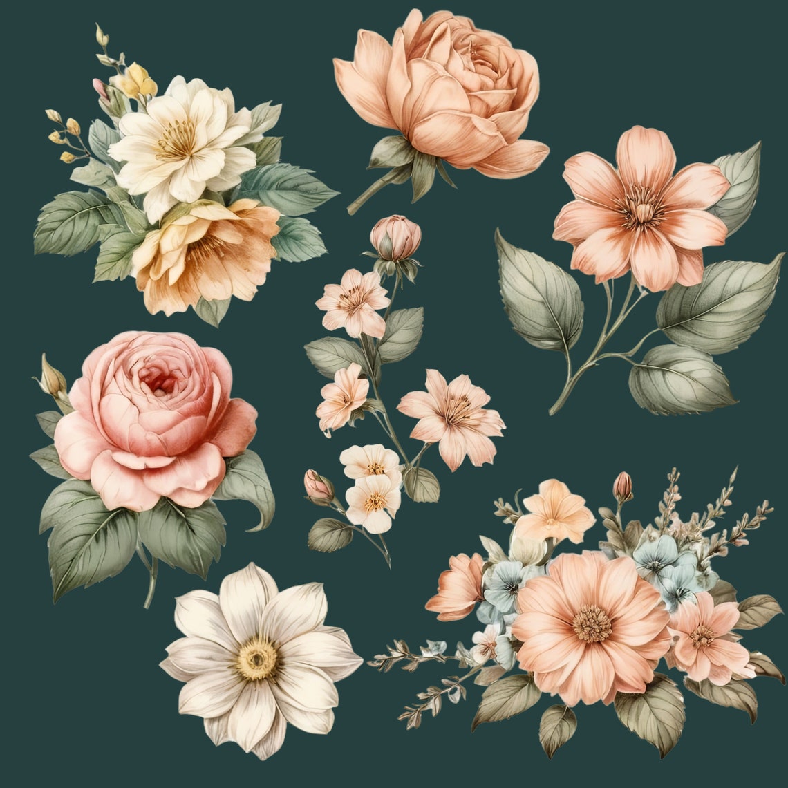 Vintage Style Flowers Clipart, Shabby Chic Decor, Retro Clipart ...