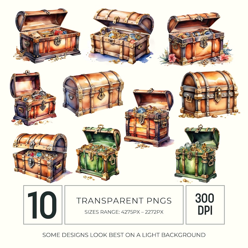 Treasure Chest Clipart Set, Pirate Chest Graphics, Digital Download PNG ...
