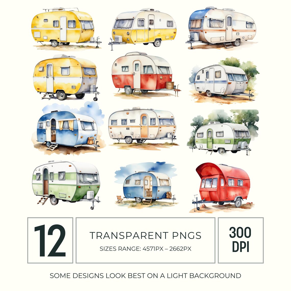 Watercolor Caravan Clipart, Camping Trailer Graphics, Vintage Camper ...