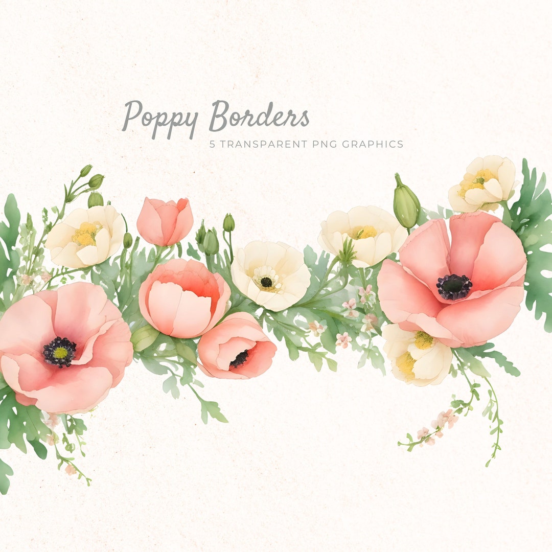 Watercolor Poppy Border Clipart, Flower Garland Clip Art, Floral Border ...