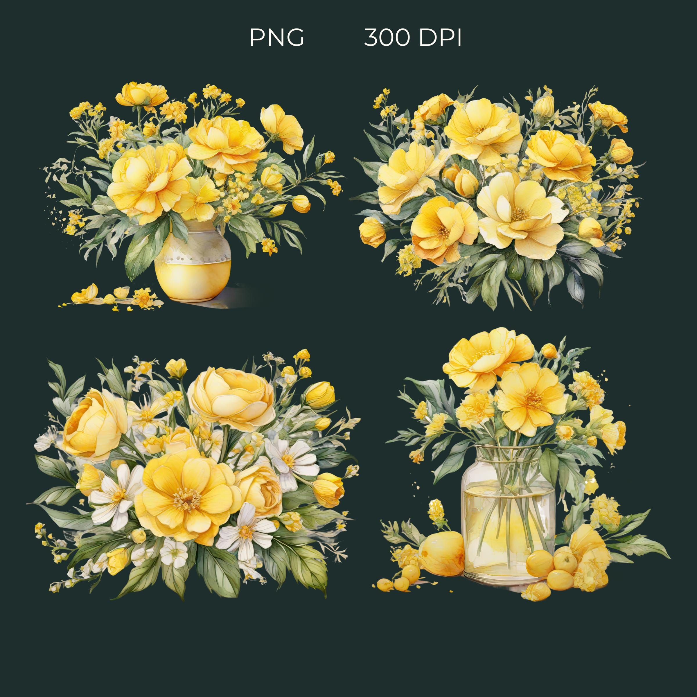 Yellow Flower Bouquet Clipart, Floral Arrangements, Instant Download ...