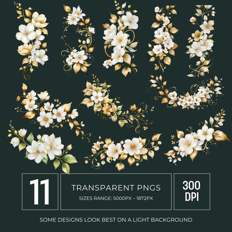 White and Gold Flower Vine Watercolor Clipart PNG, Wedding Graphics for ...