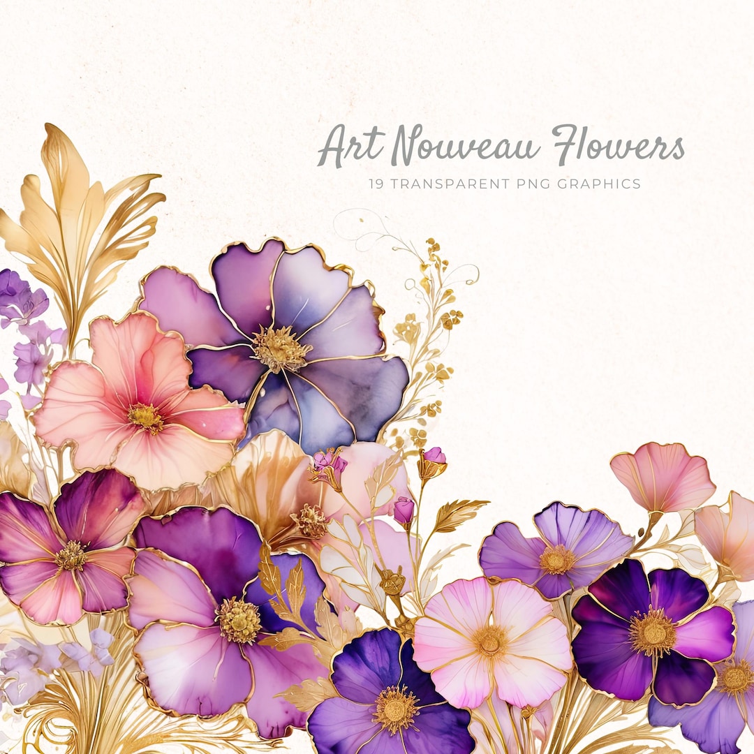 Purple Gold Floral Clipart, Art Nouveau Flower PNG, Paper Crafting ...