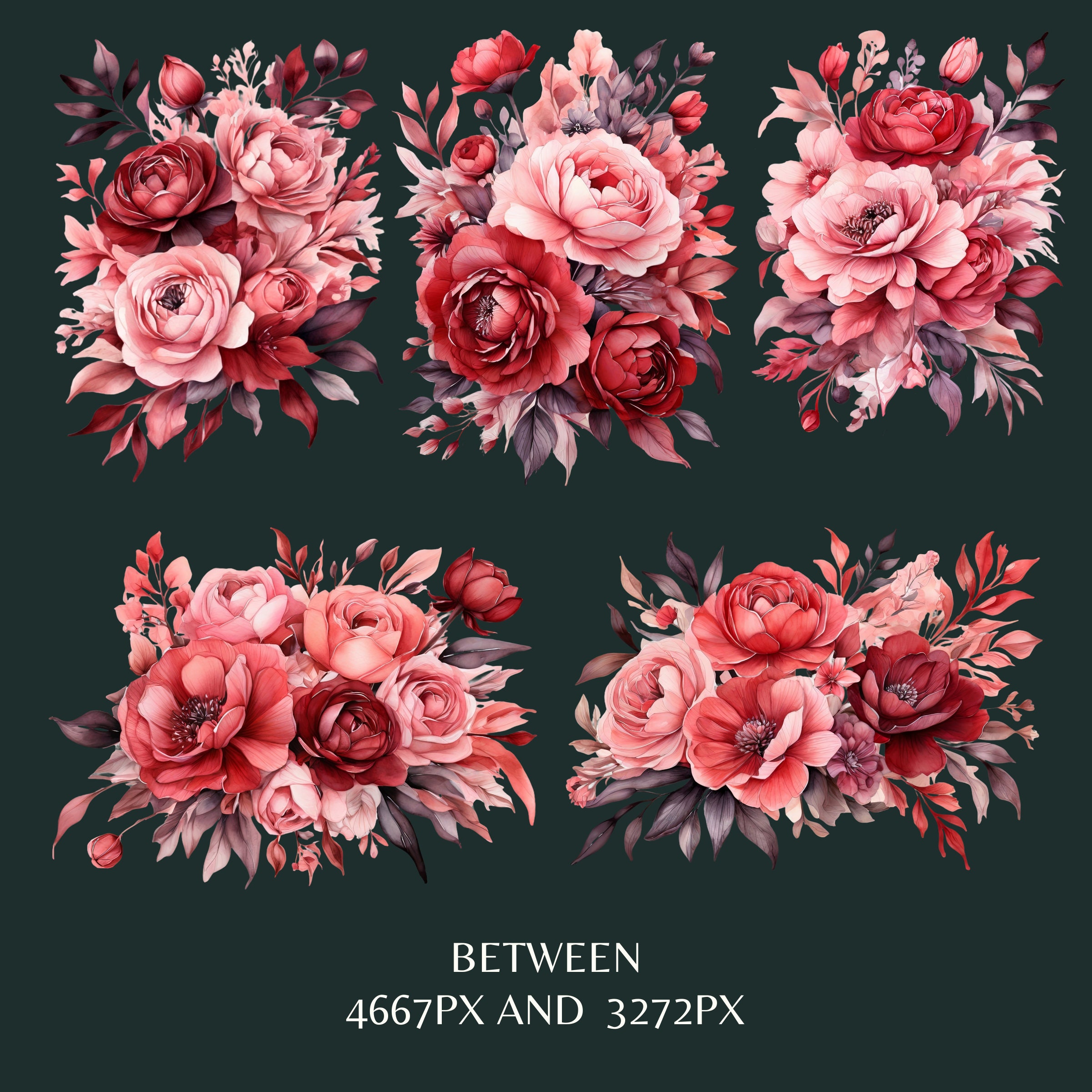 Red and Pink Flower Clipart, Moody Floral Graphics, Digital Download ...