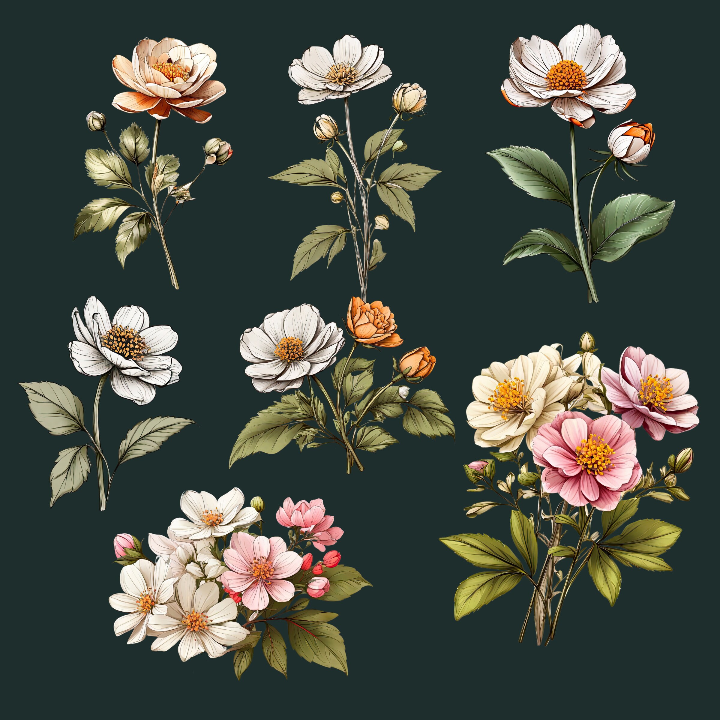 Boho Floral Clipart, Retro Flower Bouquet, Spring Clip Art, Simple ...