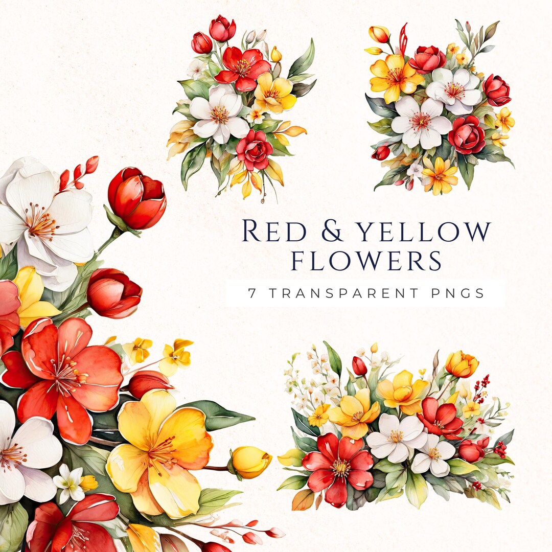 Colorful Flower Clipart Set, Yellow and Red Flowers, Floral Decorations ...