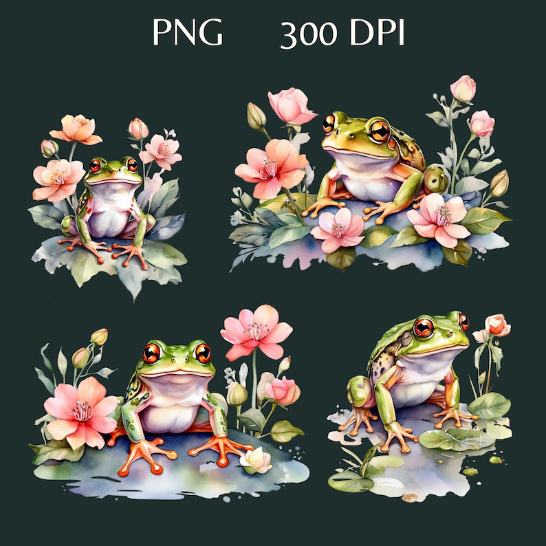 Green Frogs Clipart, Frogs and Flower Clip Art, Cute Frog PNG ...