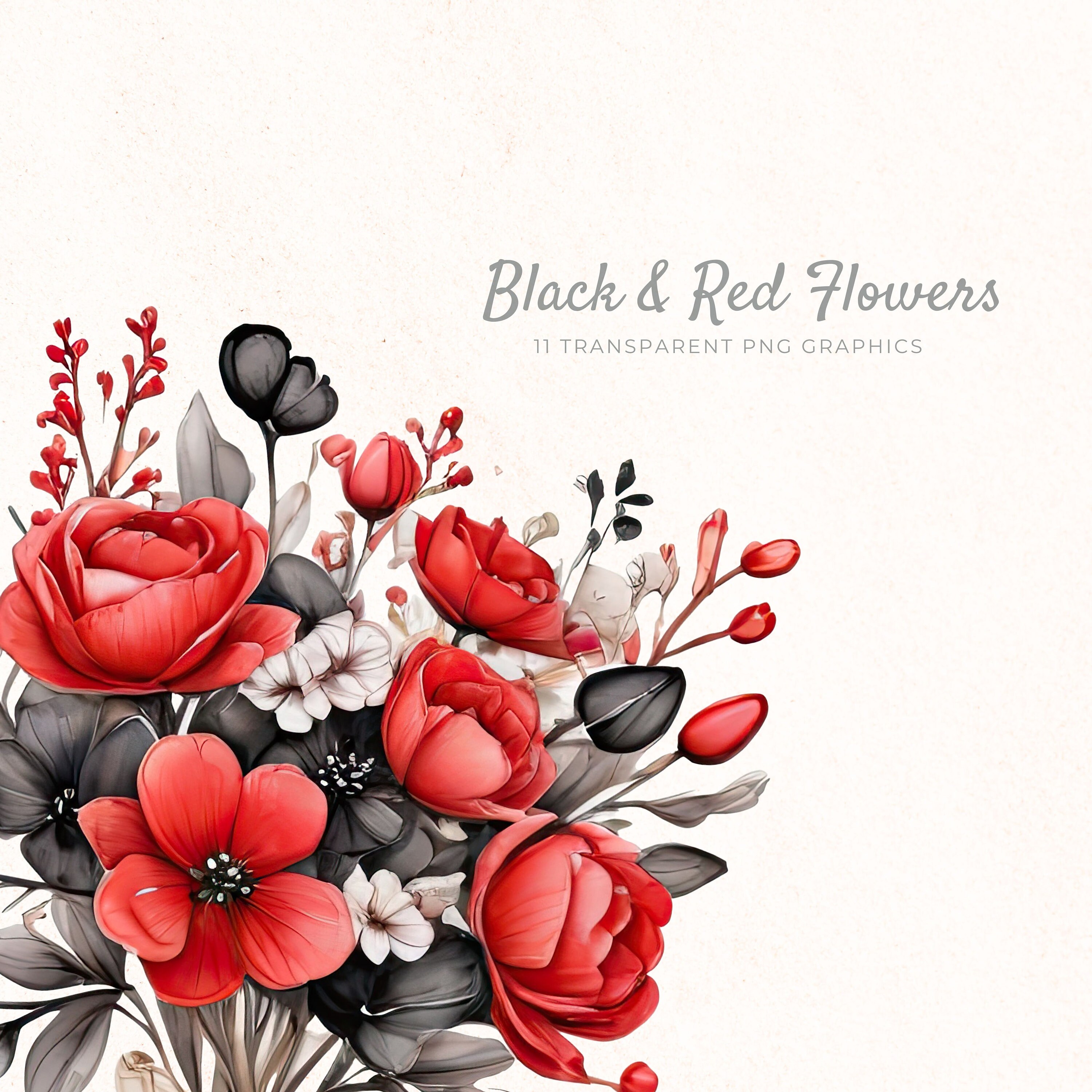 Watercolor Black Red Flowers Clipart, Moody Floral Graphics, Gothic ...