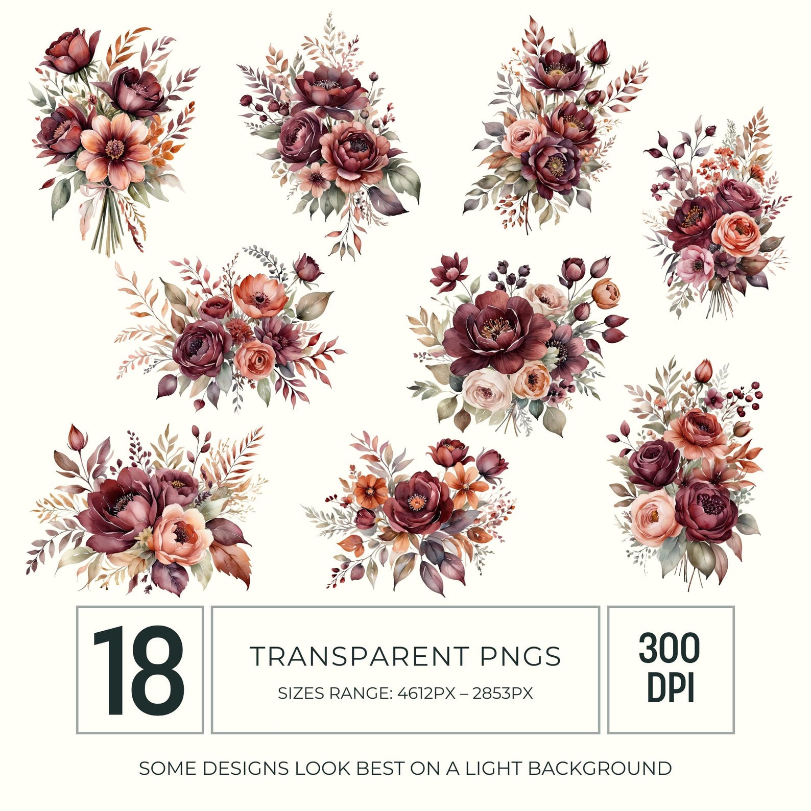 Burgundy Rust Flower Clipart, Scrapbook Images, Fall Floral Clipart ...