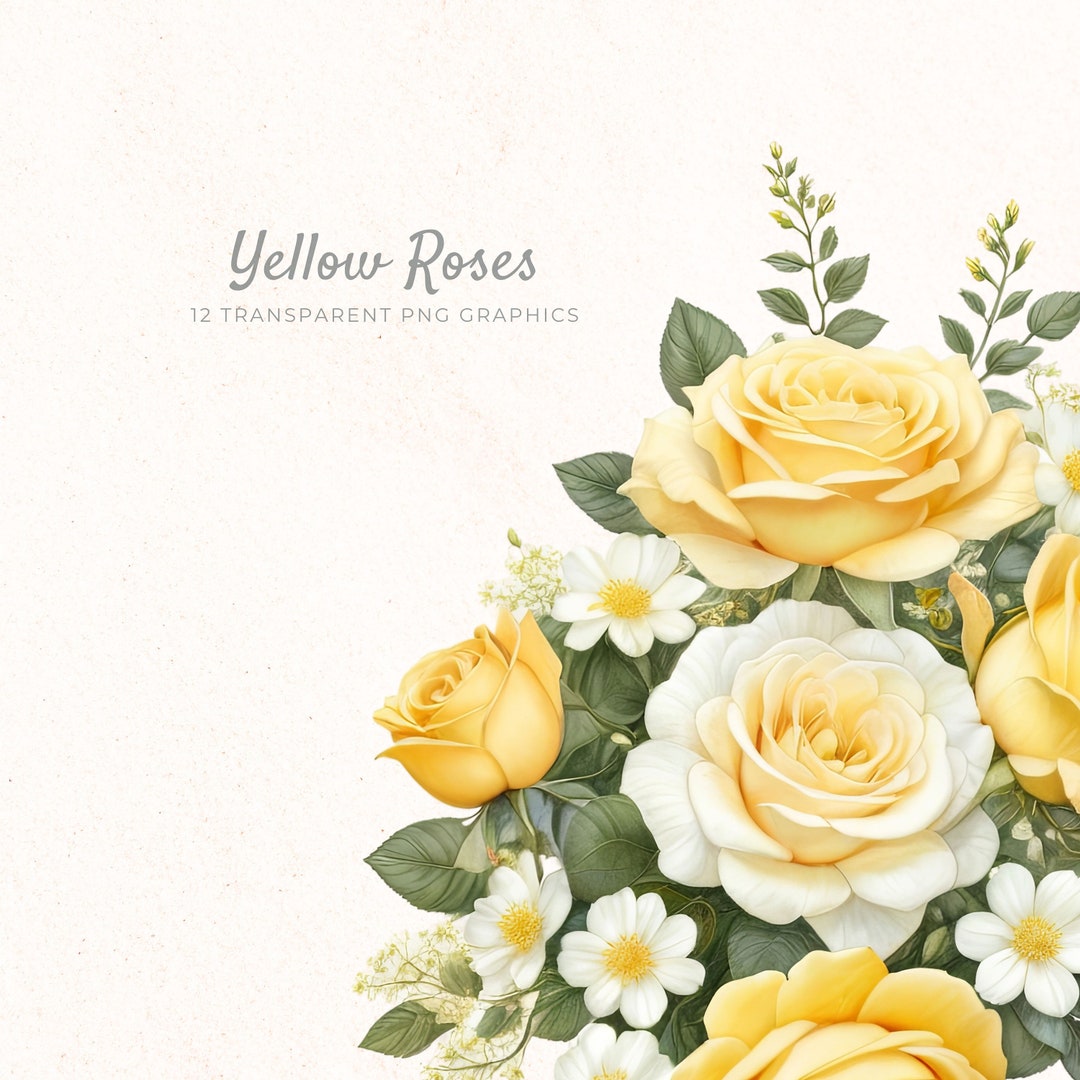 Soft Yellow Roses Clipart, Bouquet Floral Digital Art, Rose PNG Bundle ...