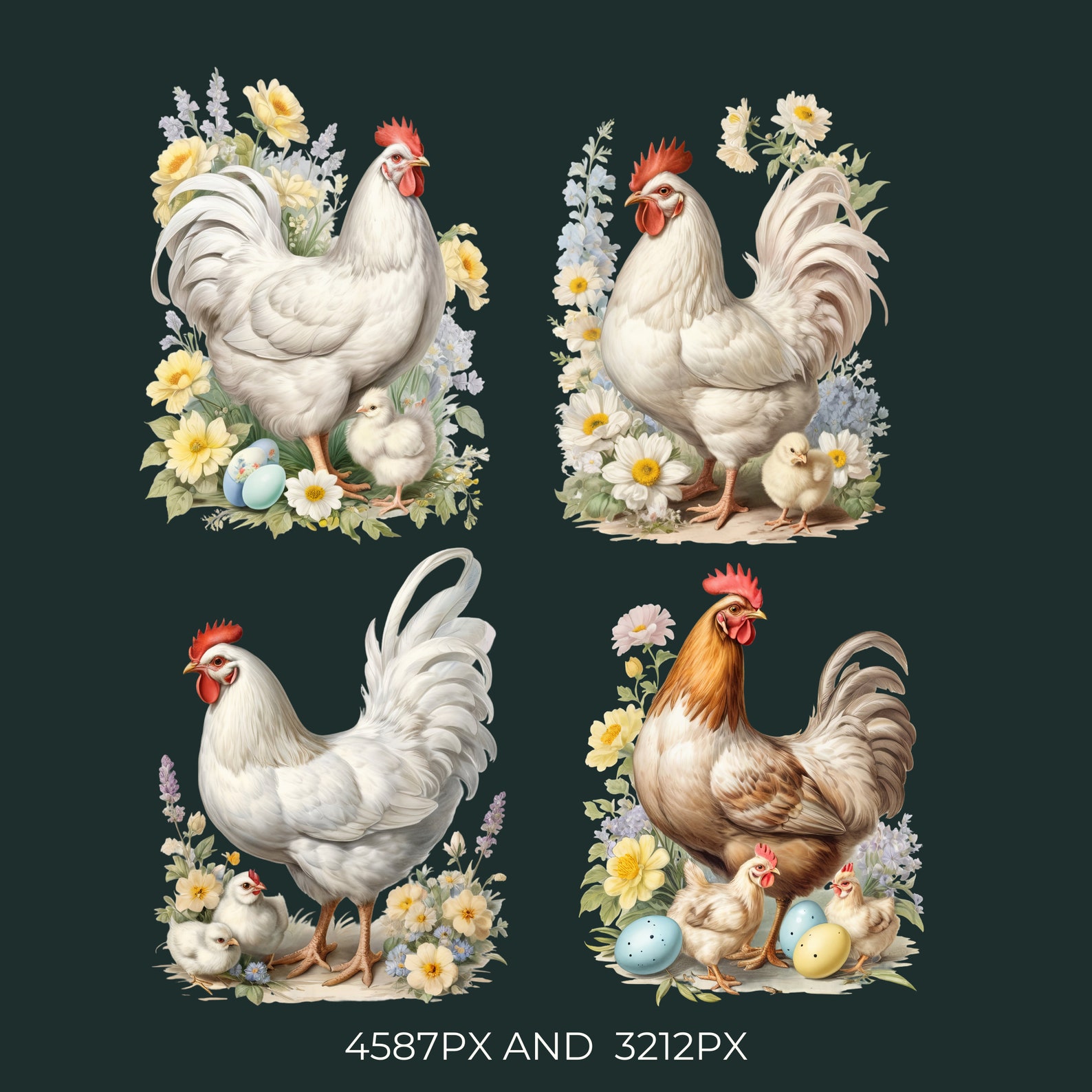 Easter Hen Clipart, Vintage Watercolor Chicken PNG, Spring Decor Set ...