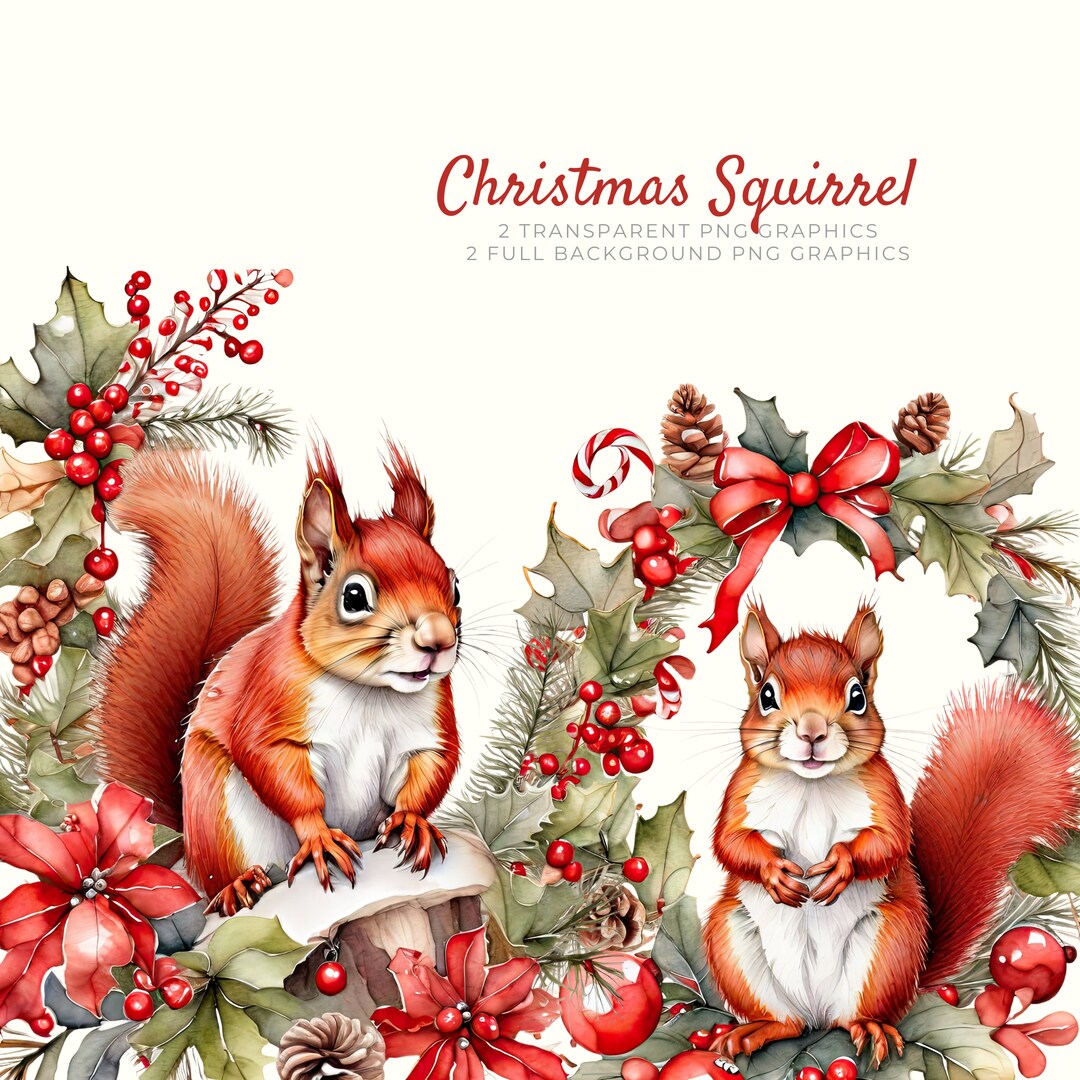 Red Squirrel Christmas Clipart, Digital Download Xmas Decor, Holiday ...