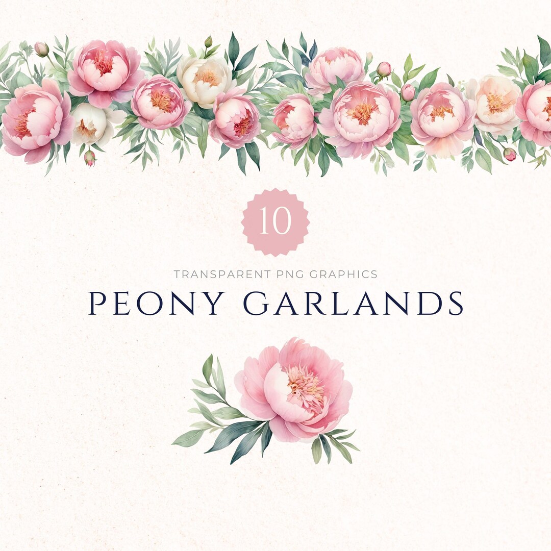 Pink Peony Garland Clipart, Floral Border Graphics, Instant Download ...