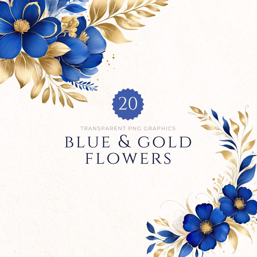 Blue and Gold Flowers Clipart, Digital Download, Floral Decoration ...